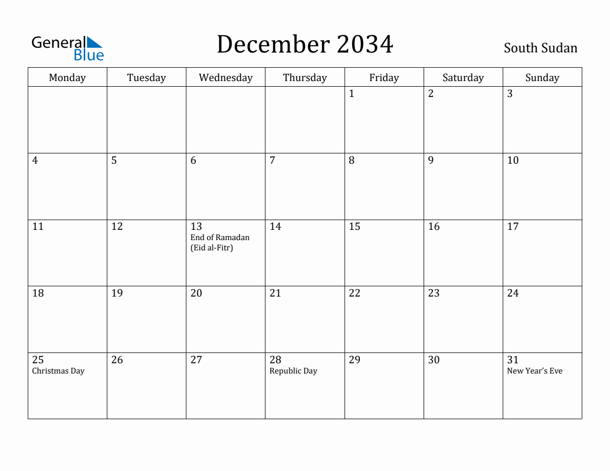 December 2034 - South Sudan Monthly Calendar with Holidays