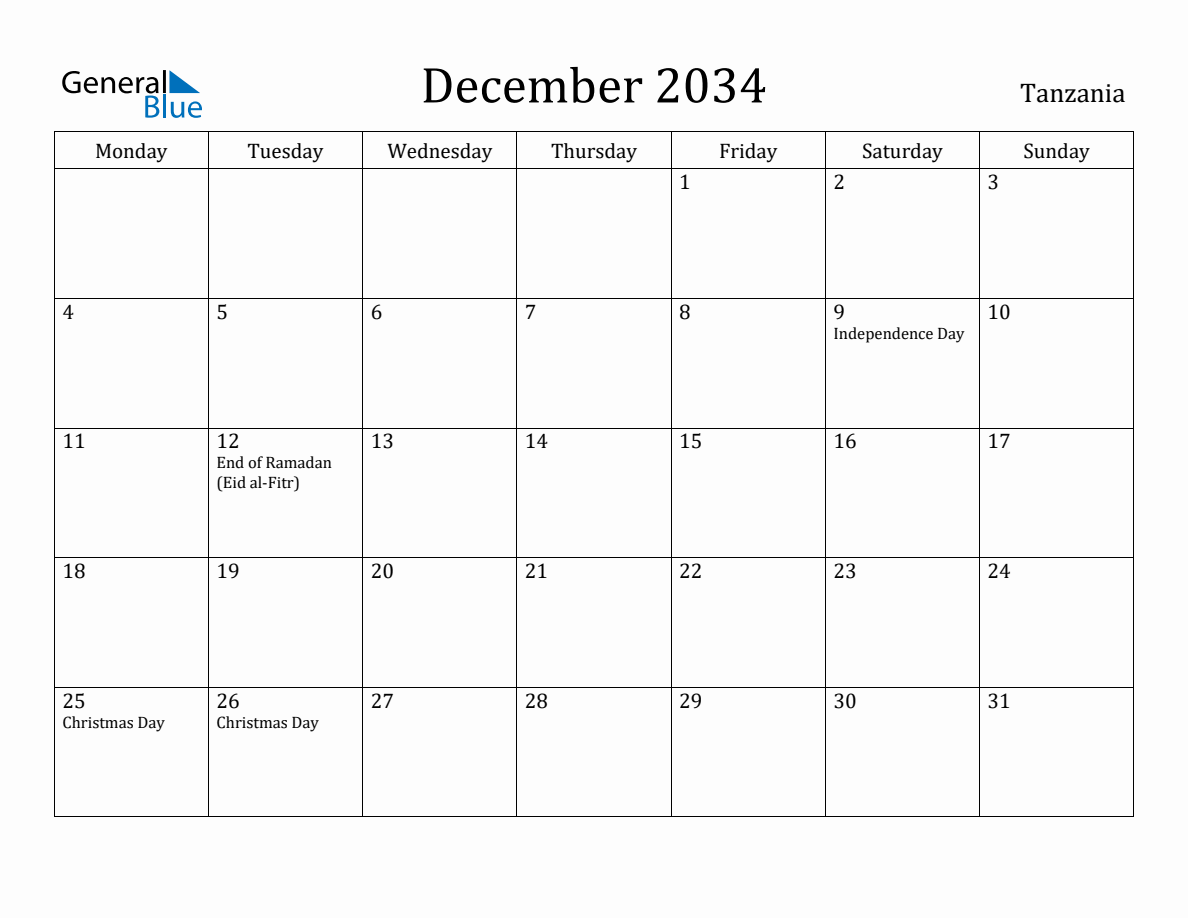 December 2034 Monthly Calendar with Tanzania Holidays