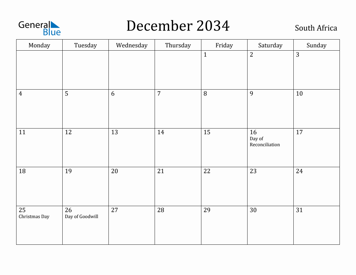 December 2034 Monthly Calendar with South Africa Holidays
