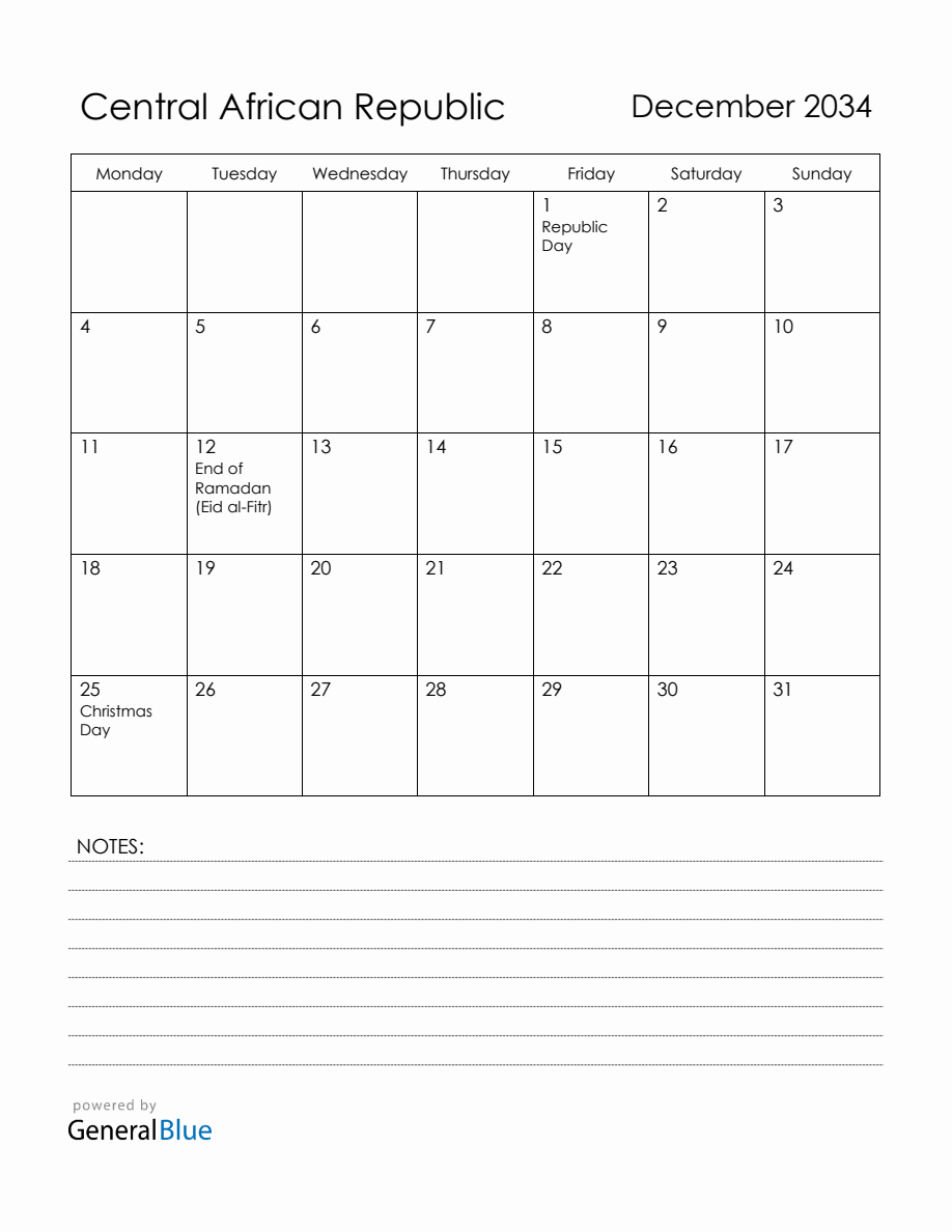 December 2034 Central African Republic Calendar with Holidays