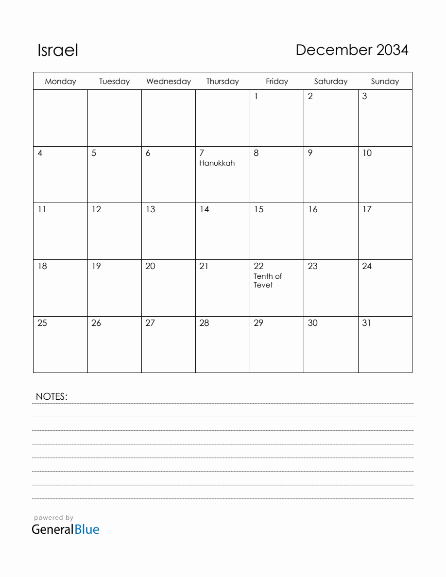 December 2034 Israel Calendar with Holidays (Monday Start)