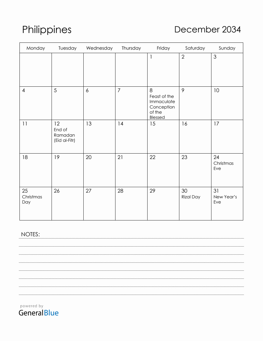 December 2034 Philippines Calendar with Holidays
