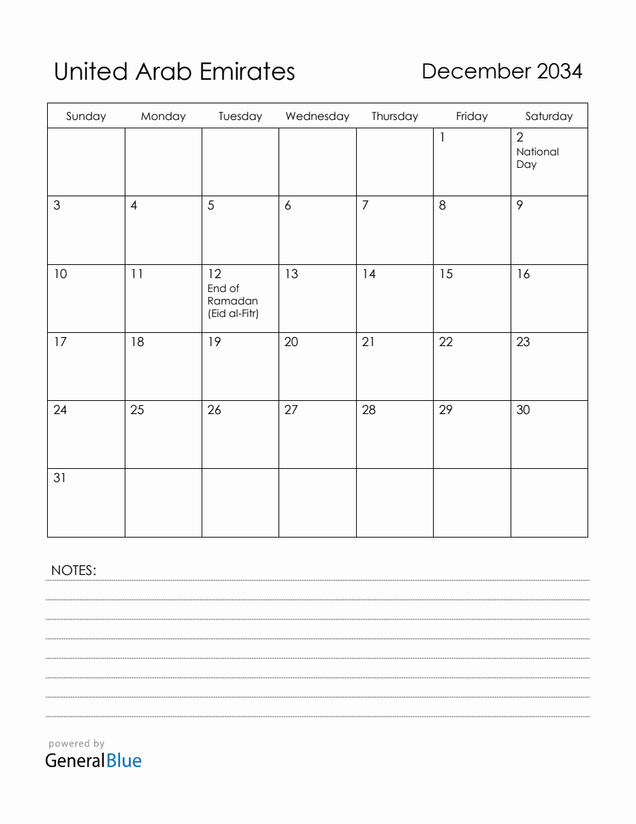 December 2034 United Arab Emirates Calendar with Holidays