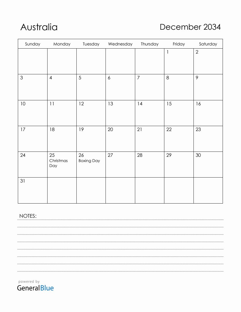 December 2034 Australia Calendar with Holidays