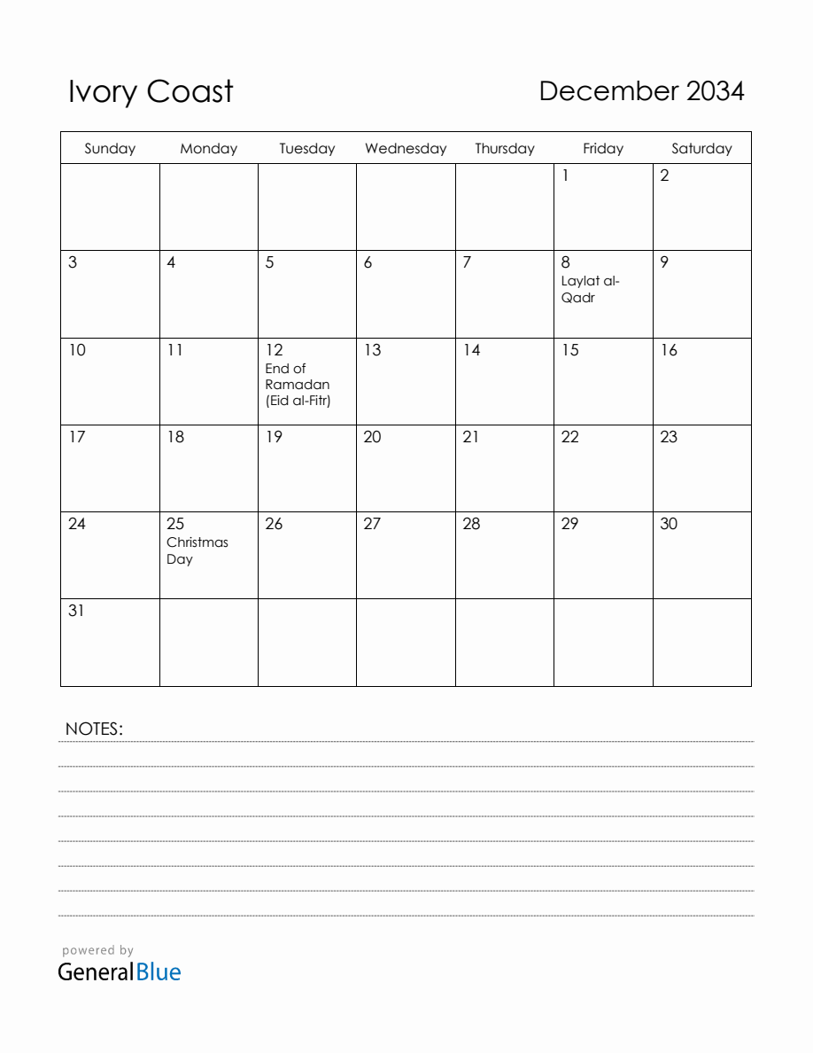 December 2034 Ivory Coast Calendar with Holidays