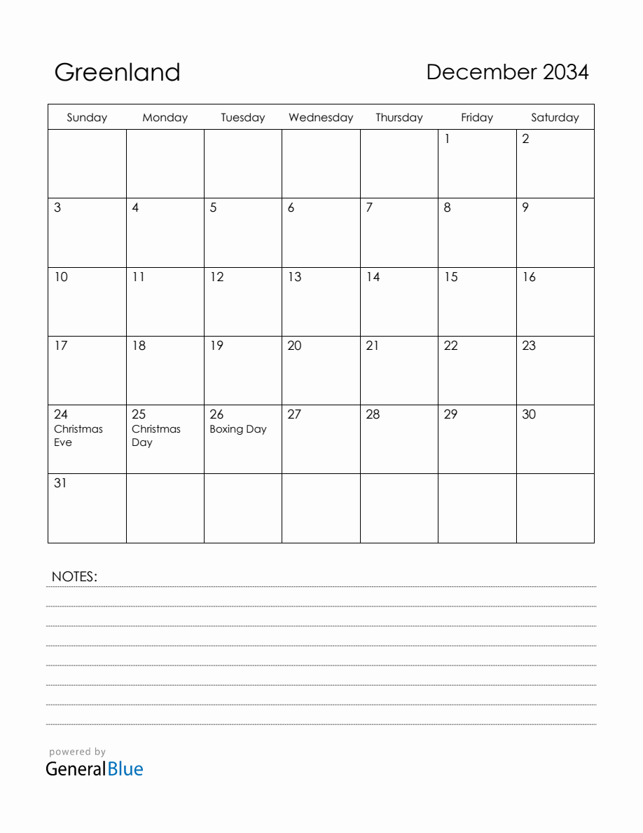 December 2034 Greenland Calendar with Holidays