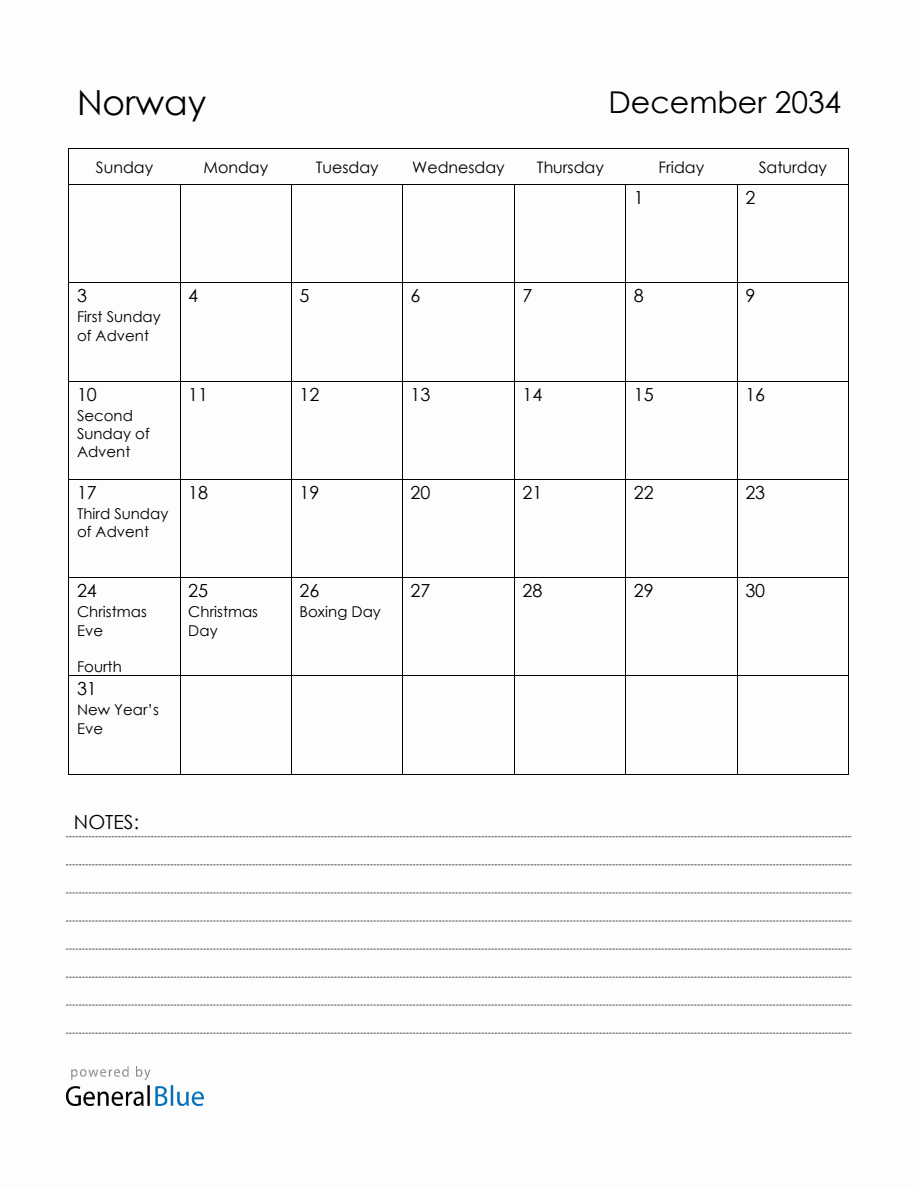 December 2034 Norway Calendar with Holidays