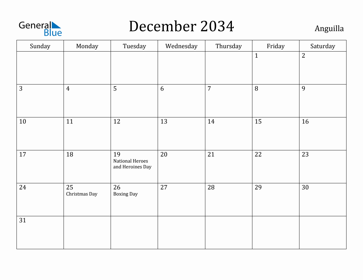 December 2034 Monthly Calendar with Anguilla Holidays
