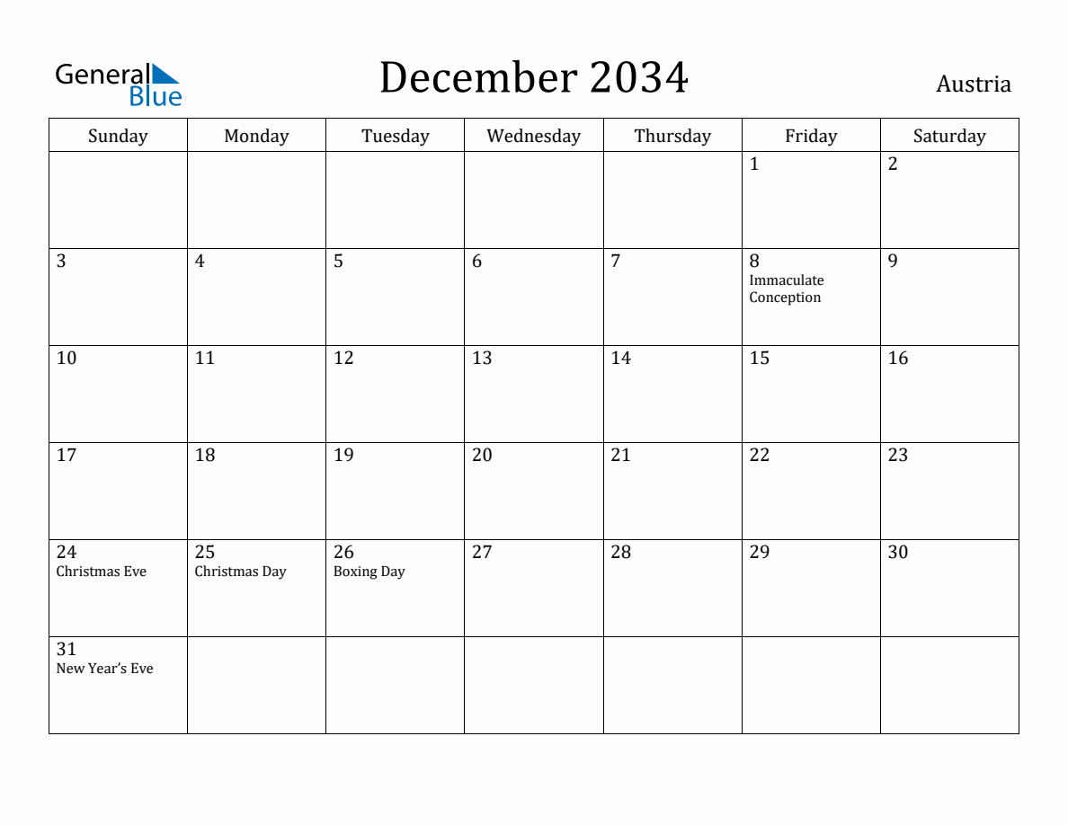 December 2034 Monthly Calendar with Austria Holidays
