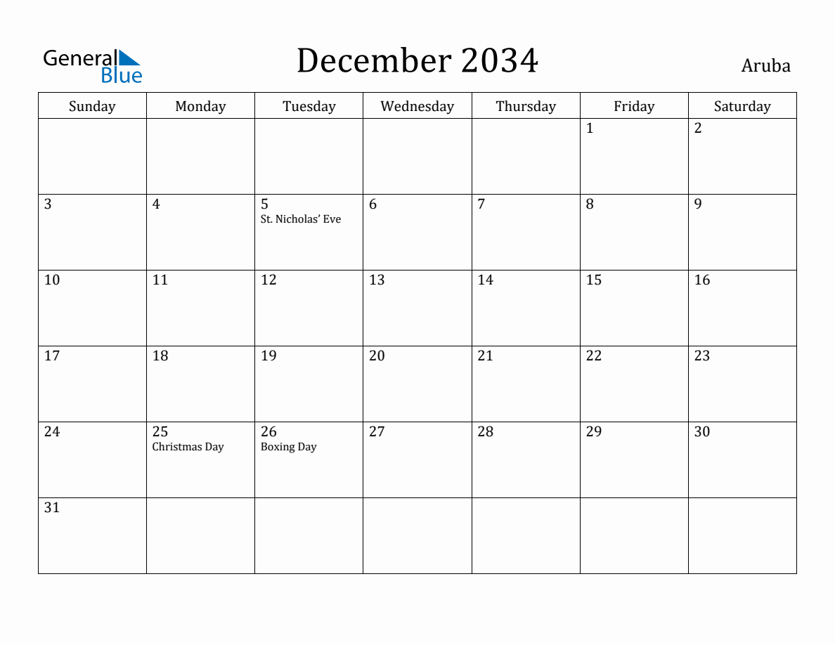 December 2034 Monthly Calendar with Aruba Holidays