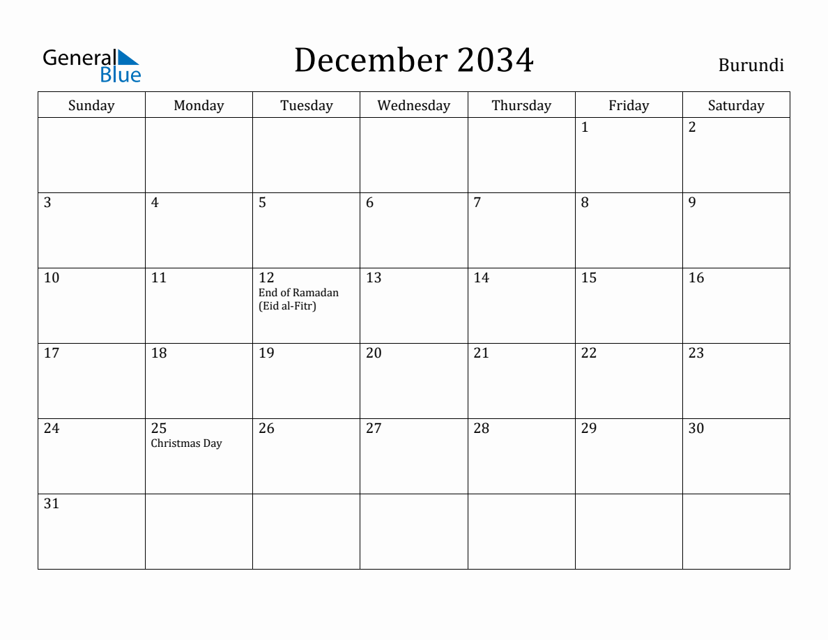 December 2034 Monthly Calendar with Burundi Holidays