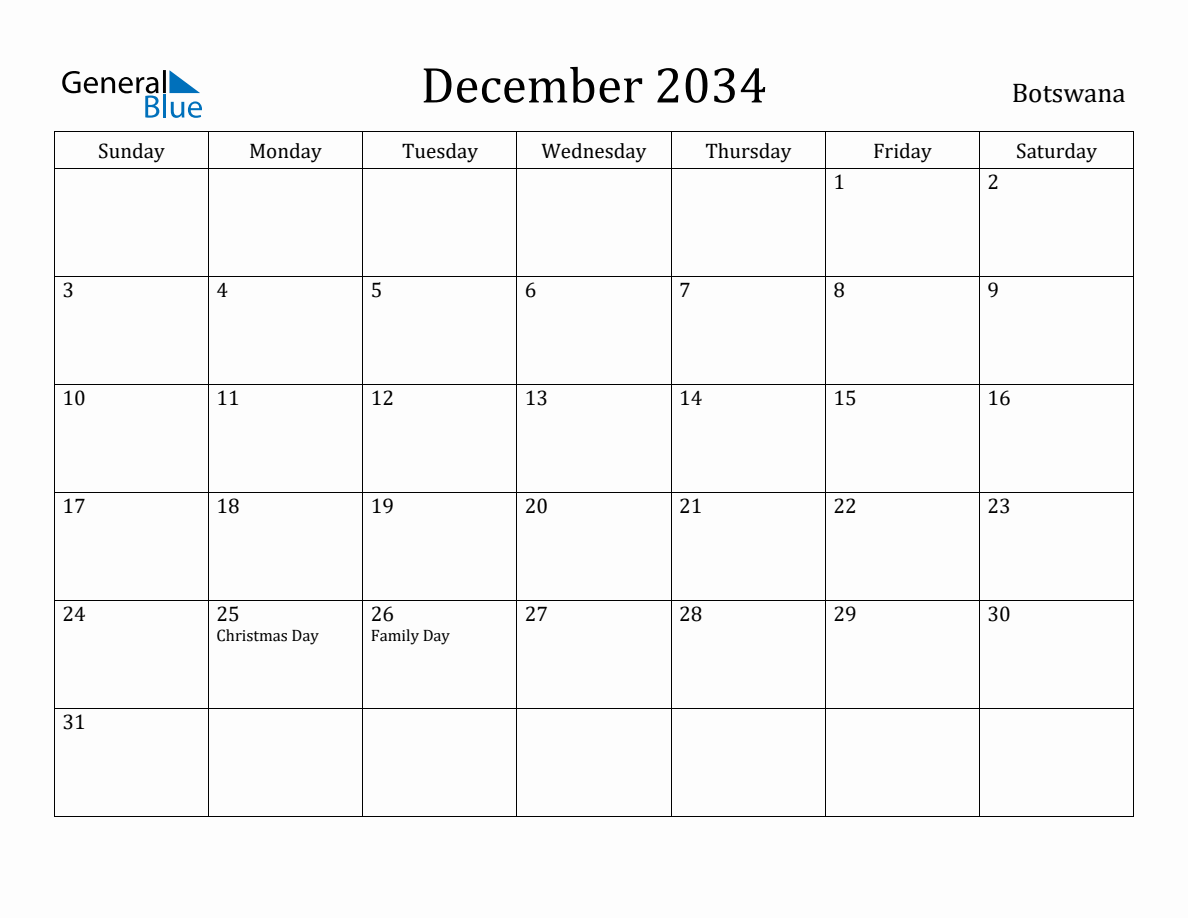 December 2034 Monthly Calendar with Botswana Holidays