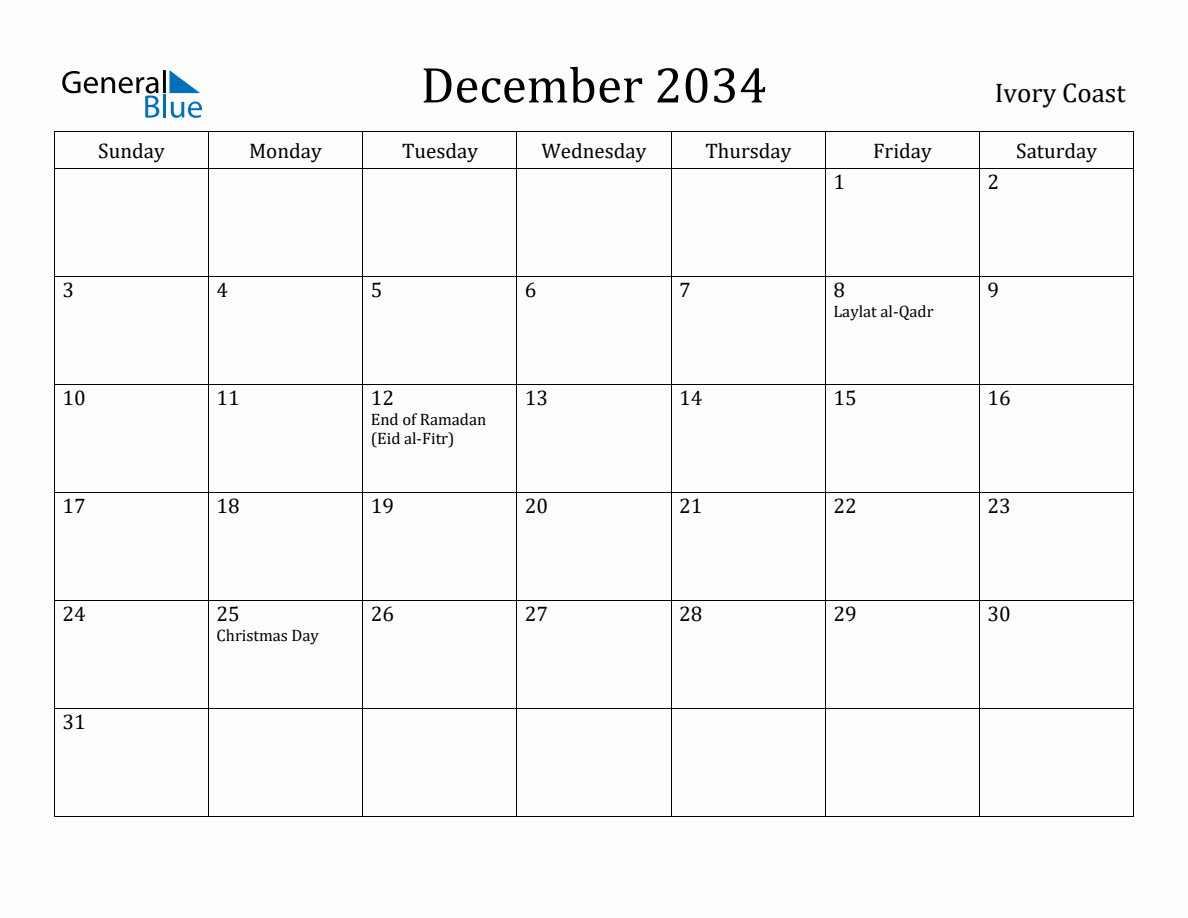 December 2034 Monthly Calendar with Ivory Coast Holidays