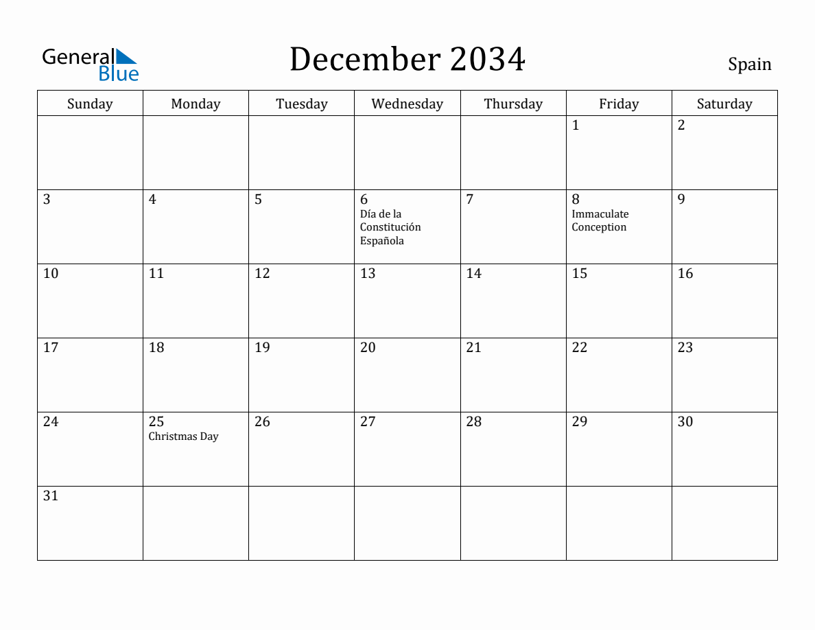 December 2034 Monthly Calendar with Spain Holidays