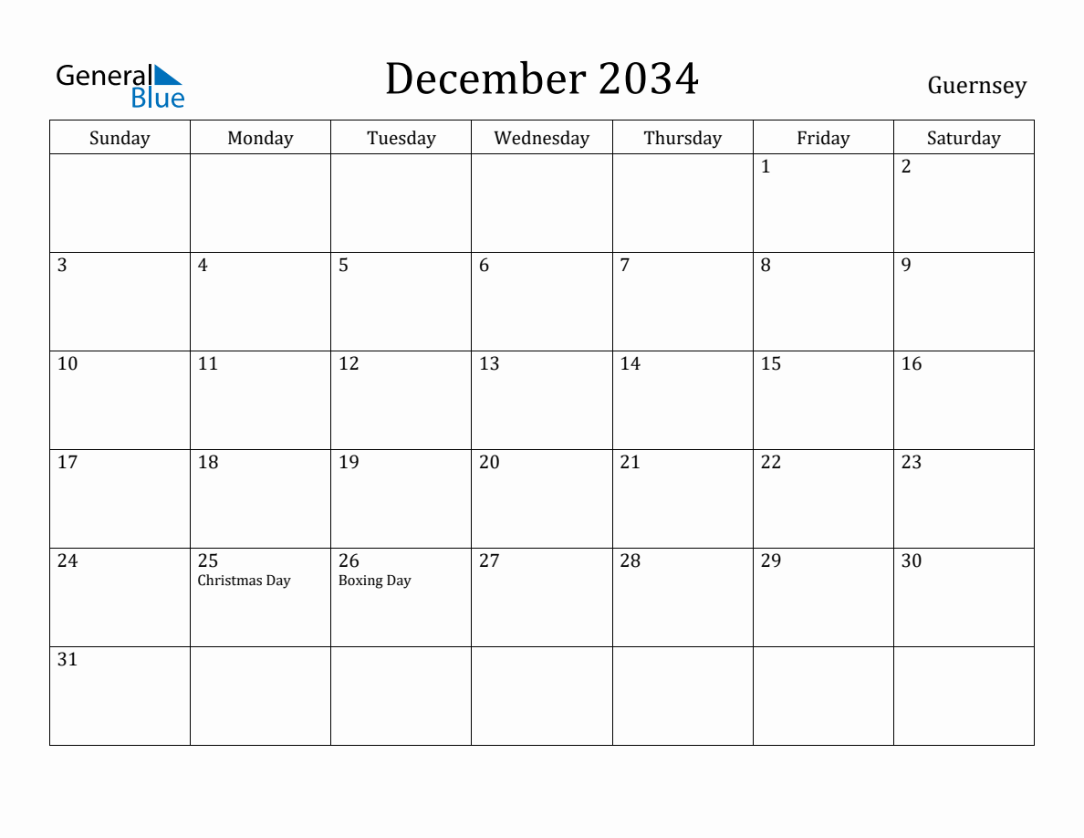 December 2034 Monthly Calendar with Guernsey Holidays