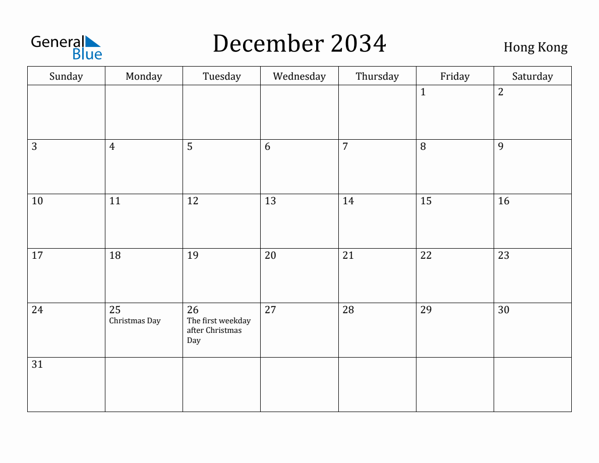 December 2034 Monthly Calendar with Hong Kong Holidays