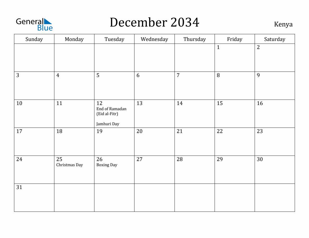December 2034 Monthly Calendar with Kenya Holidays
