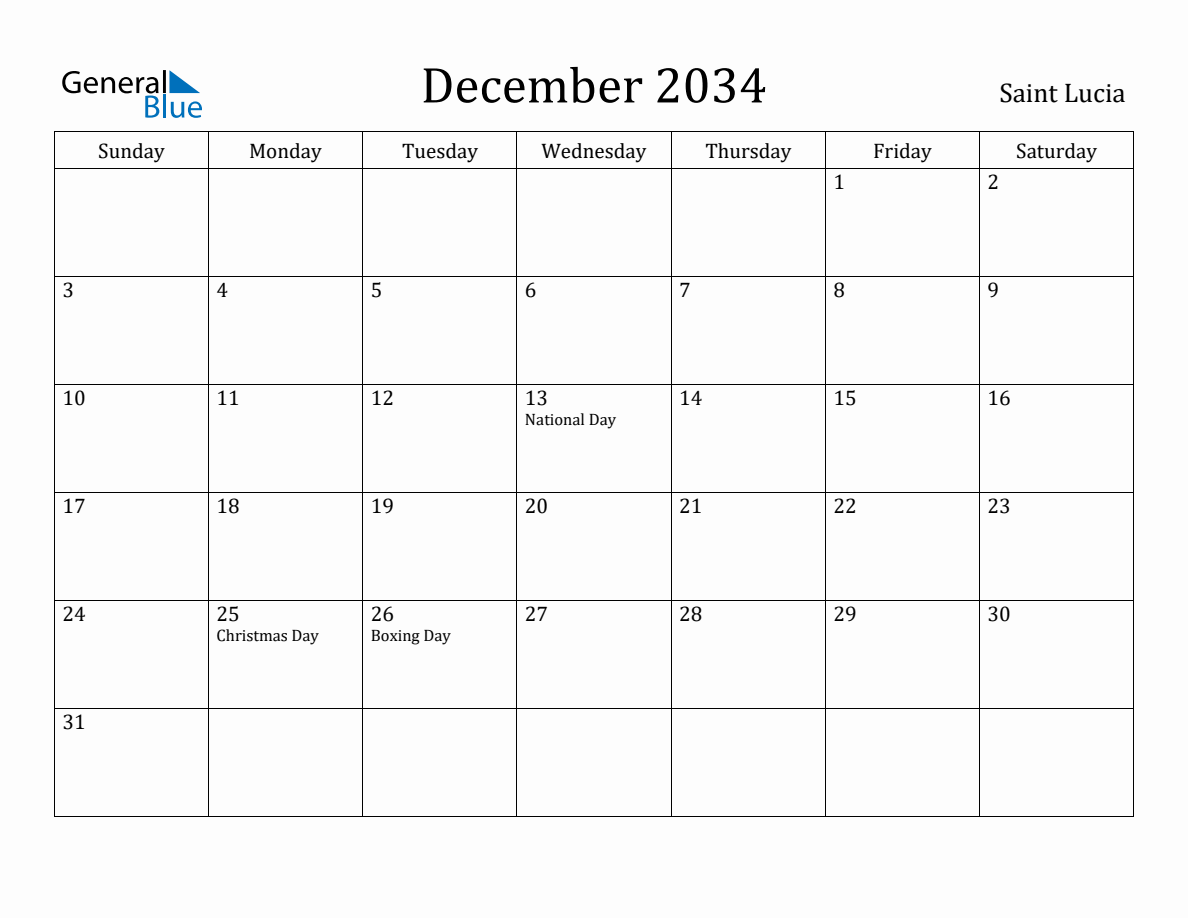 December 2034 Monthly Calendar with Saint Lucia Holidays