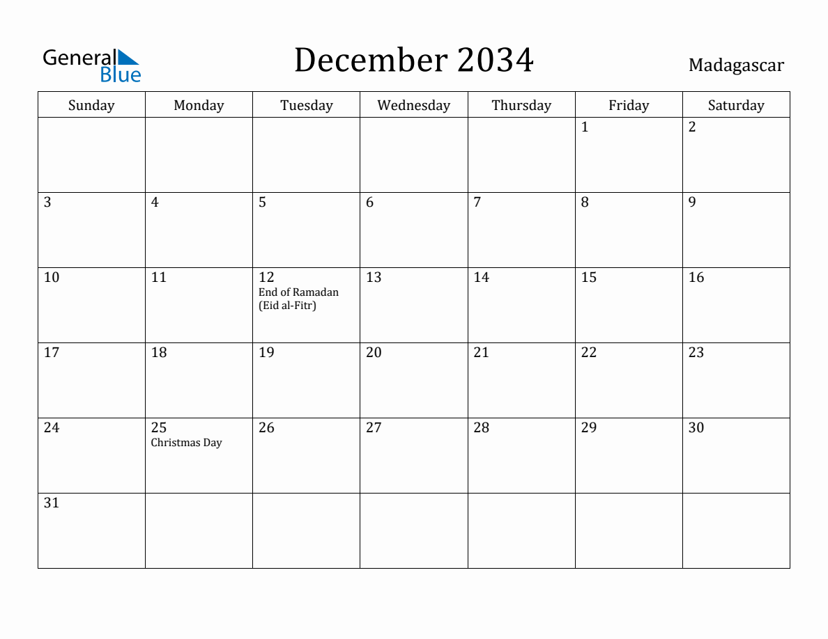 December 2034 Monthly Calendar with Madagascar Holidays