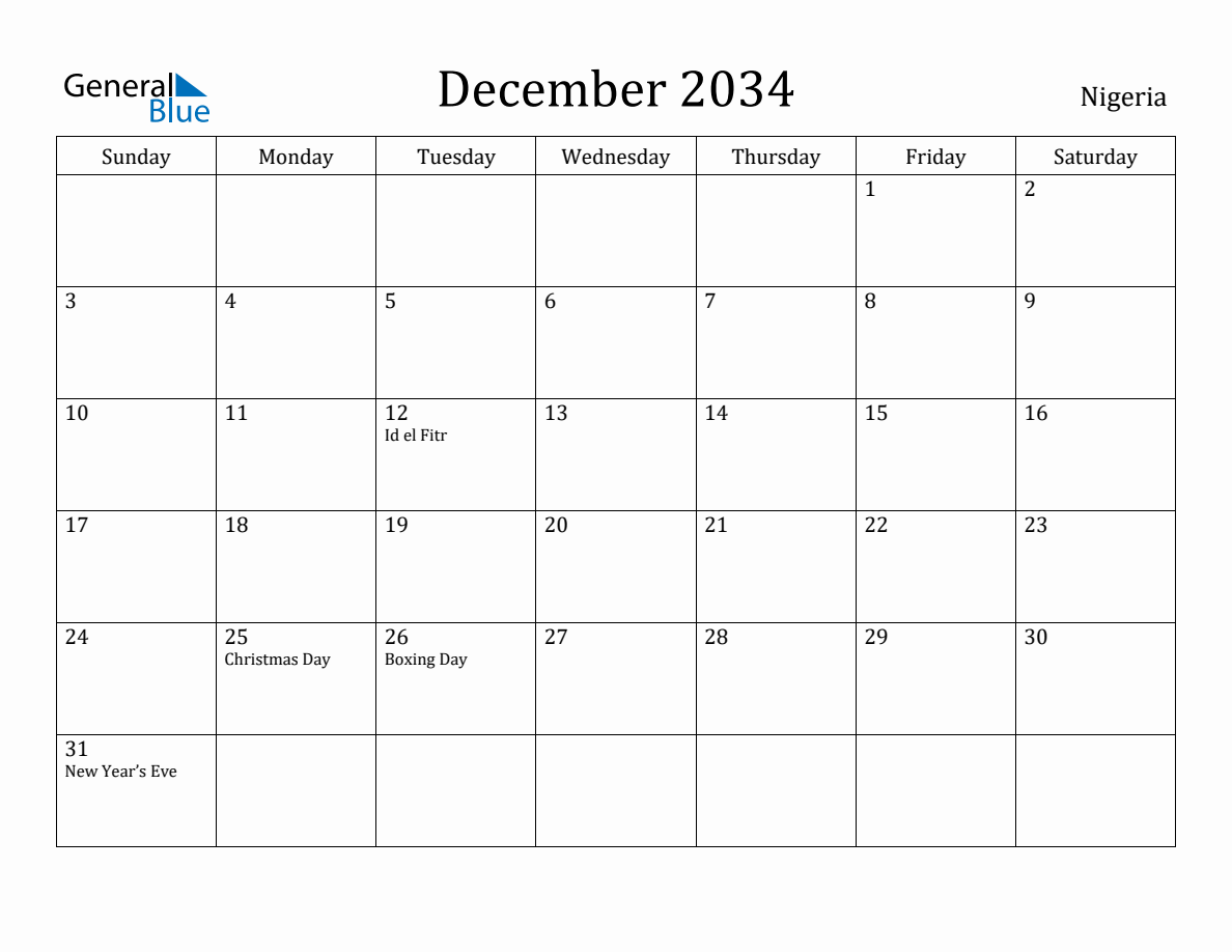 December 2034 Monthly Calendar with Nigeria Holidays