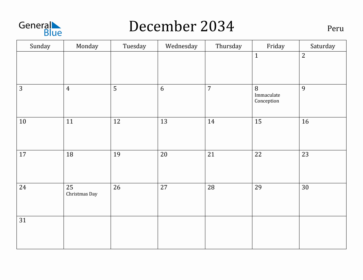 December 2034 Monthly Calendar with Peru Holidays