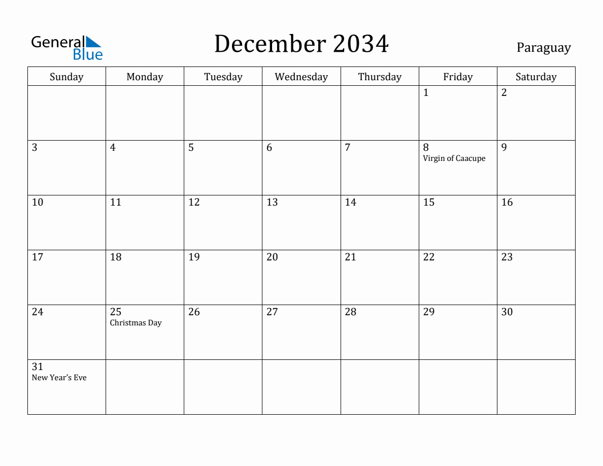 December 2034 Monthly Calendar with Paraguay Holidays