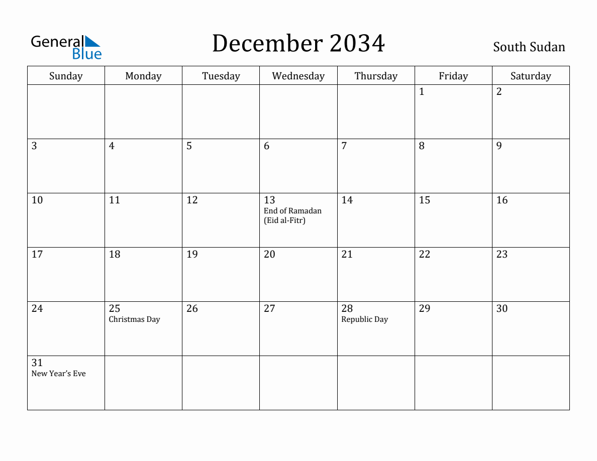 December 2034 Monthly Calendar with South Sudan Holidays