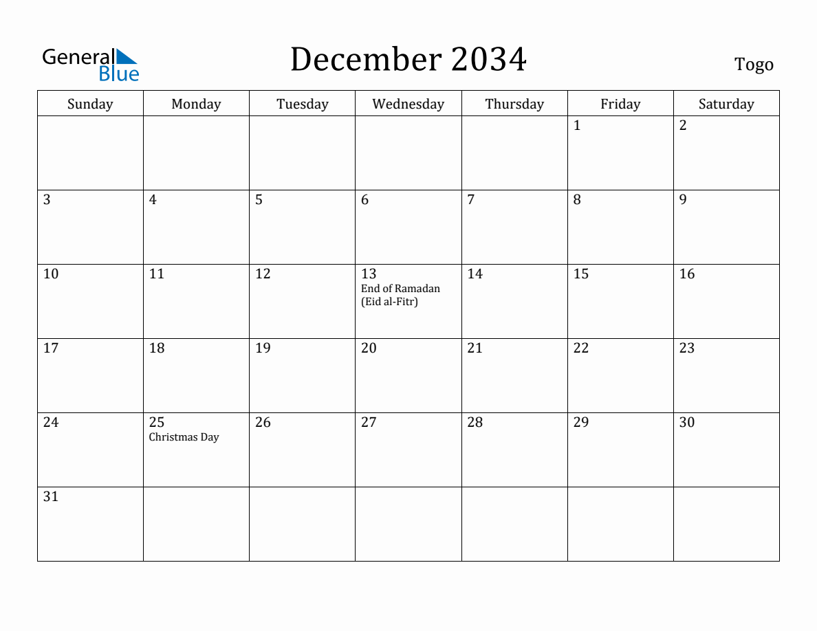 December 2034 Monthly Calendar with Togo Holidays
