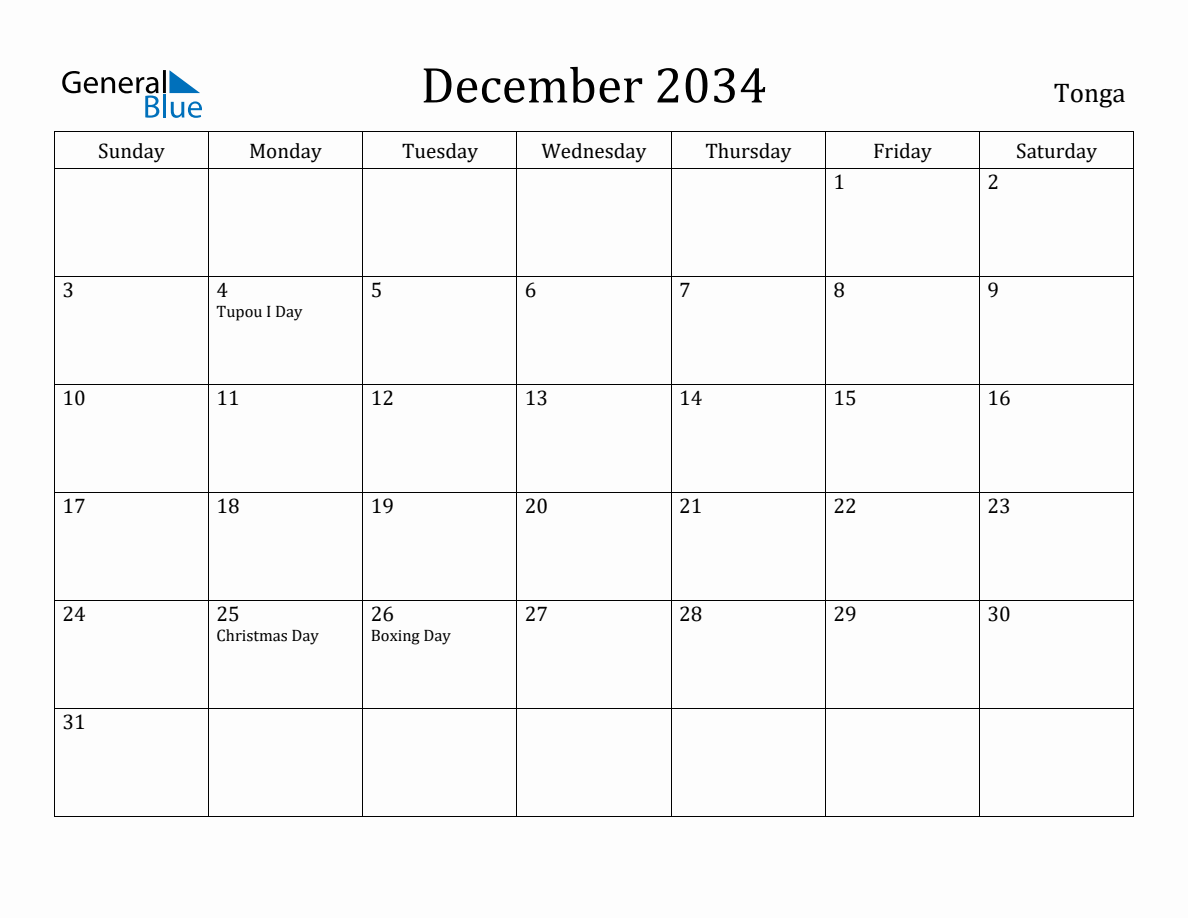 December 2034 Monthly Calendar with Tonga Holidays