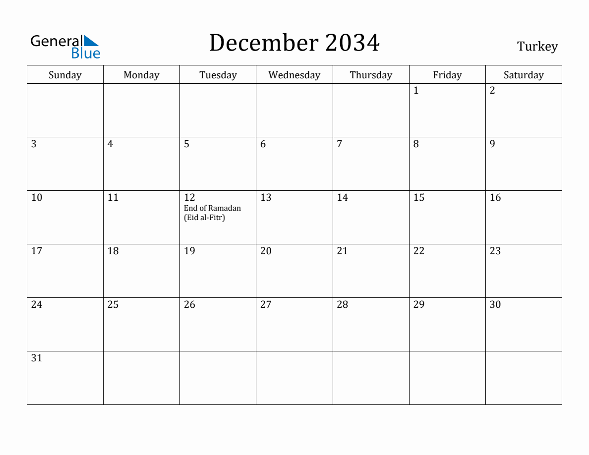 December 2034 Monthly Calendar with Turkey Holidays