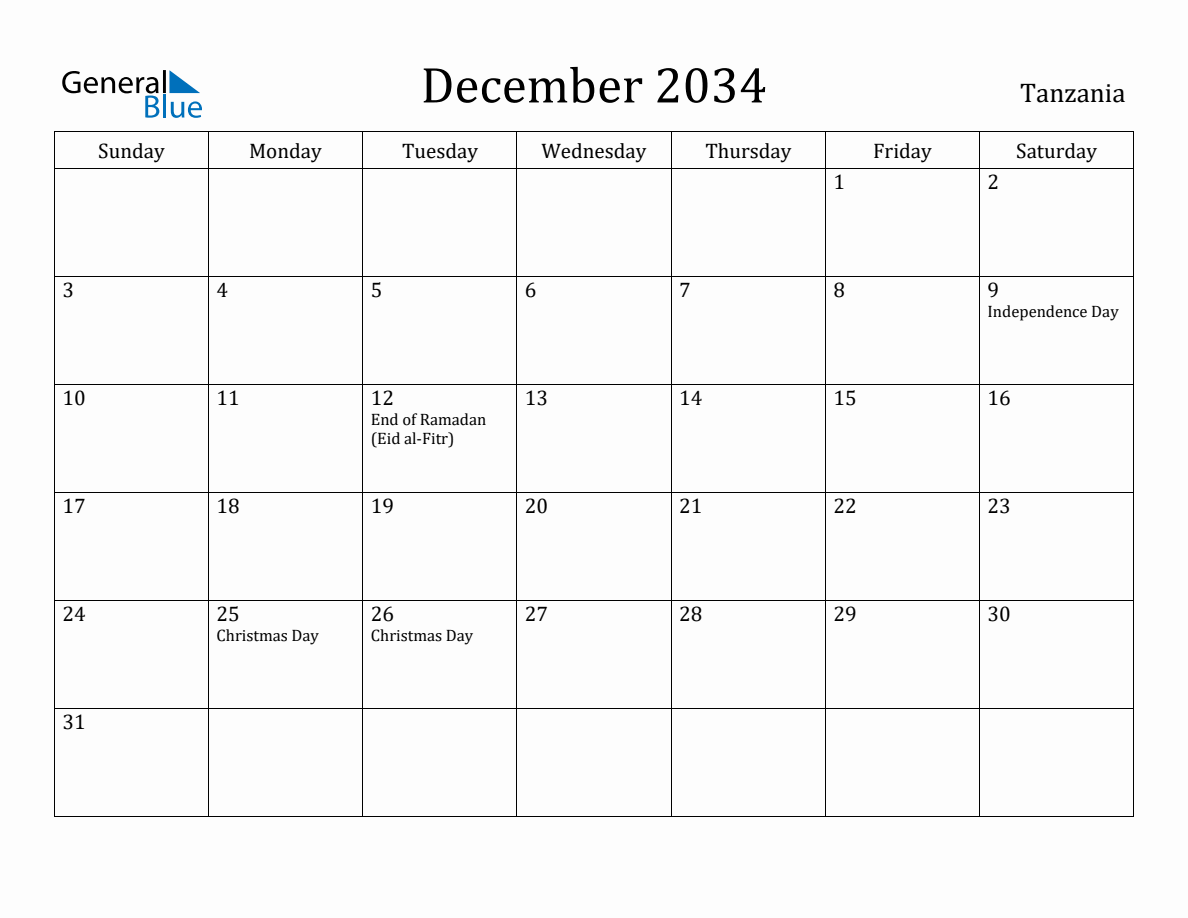 December 2034 Monthly Calendar with Tanzania Holidays