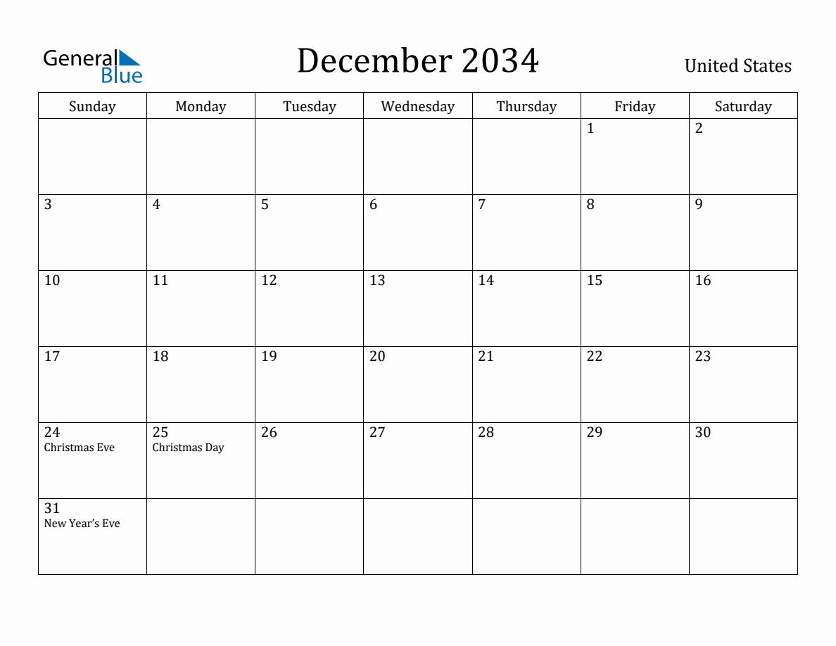 December 2034 Monthly Calendar with United States Holidays