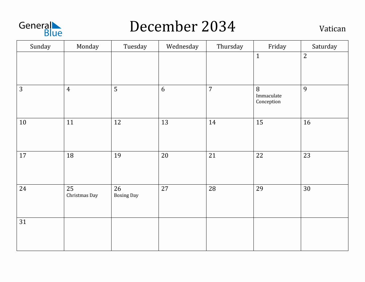December 2034 Monthly Calendar with Vatican Holidays