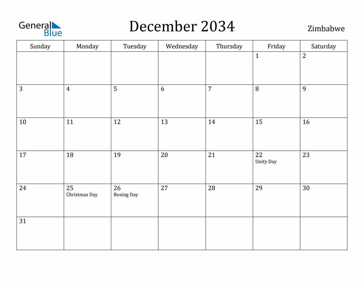 December 2034 Monthly Calendar with Zimbabwe Holidays