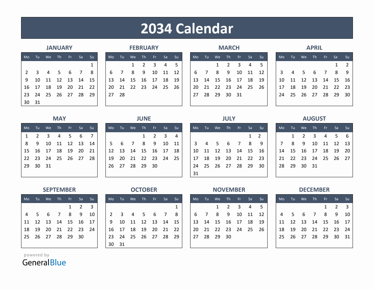 Basic Annual Calendar for Year 2034 with Monday Start