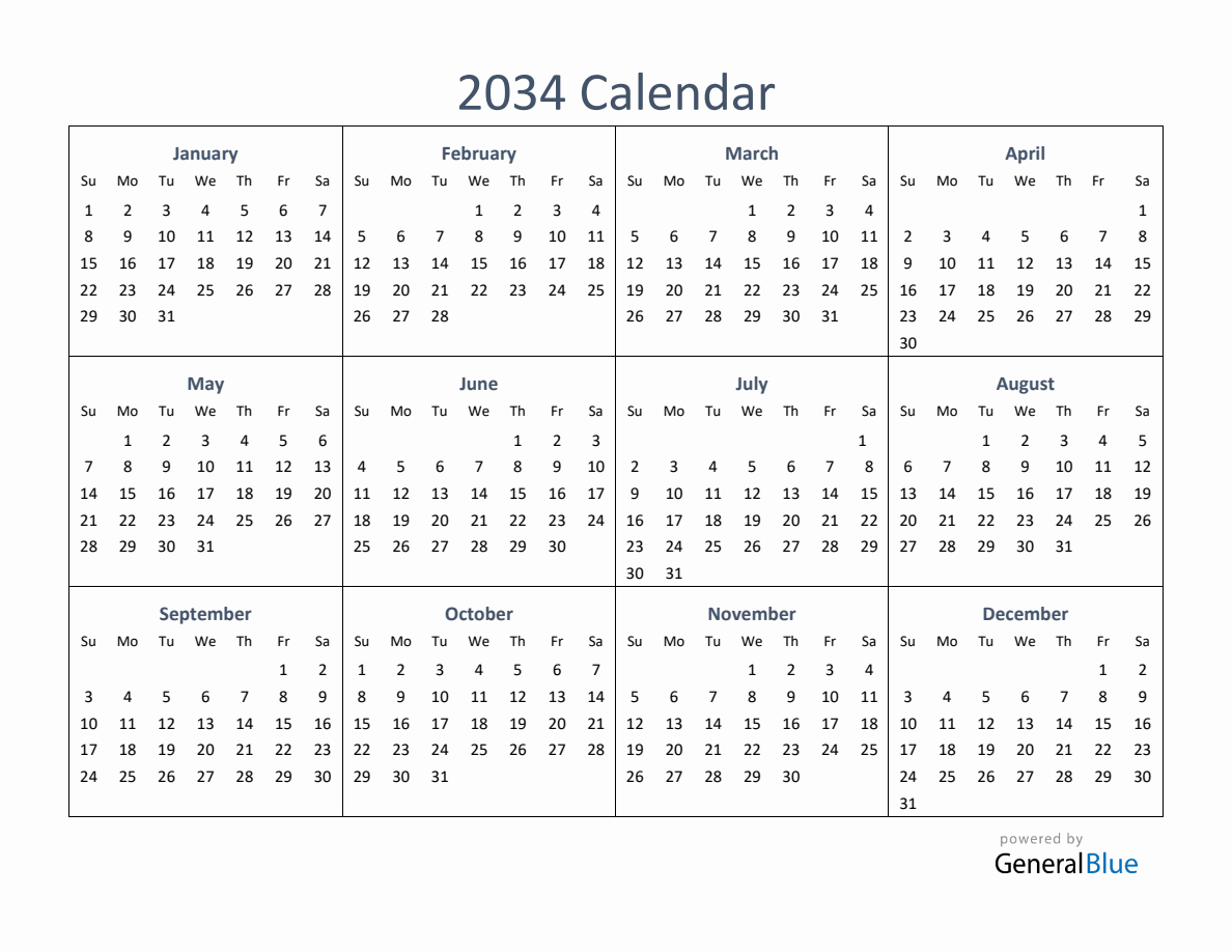 One-Page Yearly Calendar 2034 (PDF, Excel, Word)