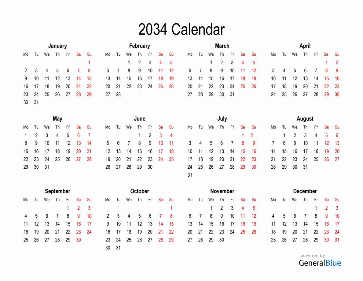 Printable Yearly Calendar for 2034 (with Red Weekend) with Monday Start