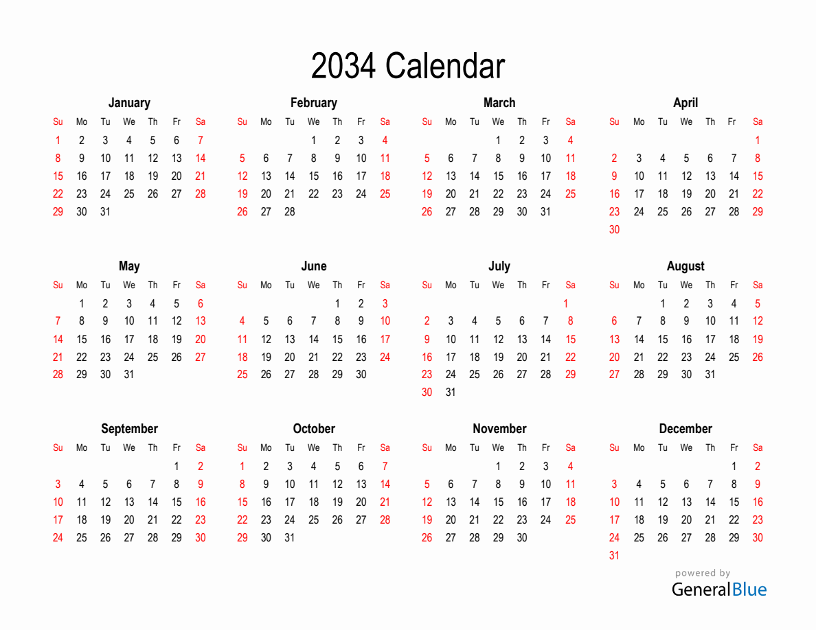 Printable Yearly Calendar for 2034 (with Red Weekend)