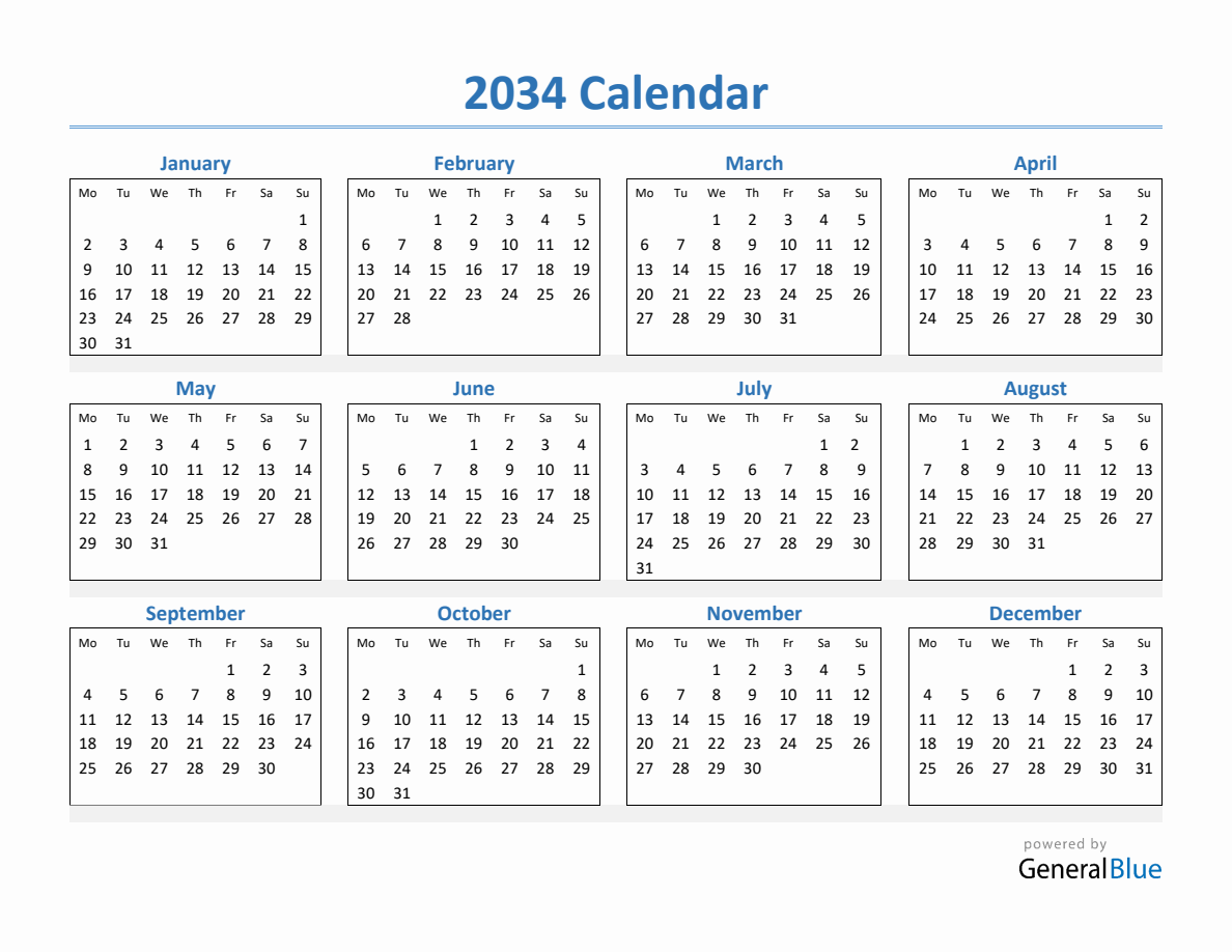 2034 Simple Yearly Calendar (PDF, Excel, Word) with Monday Start