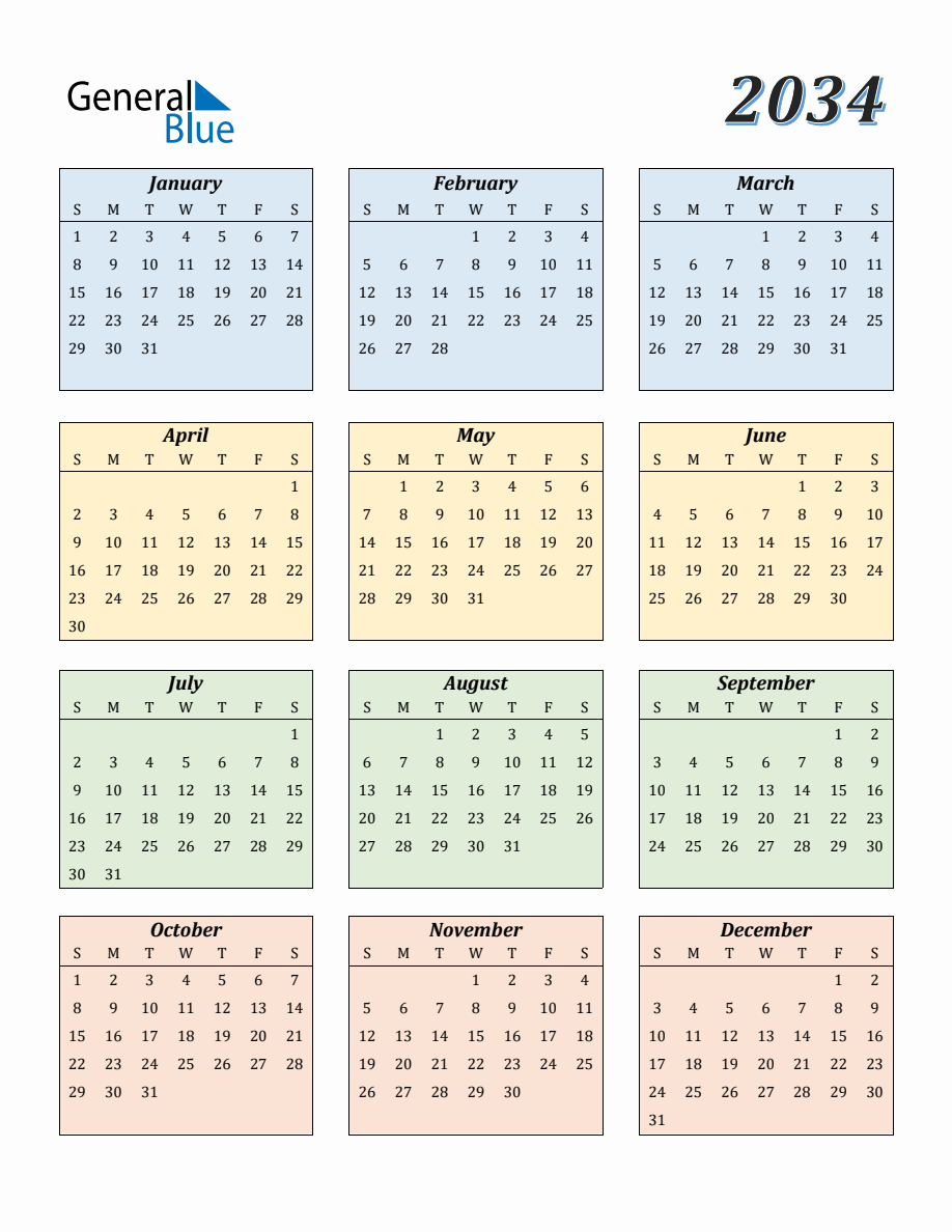 Calendar for Year 2034