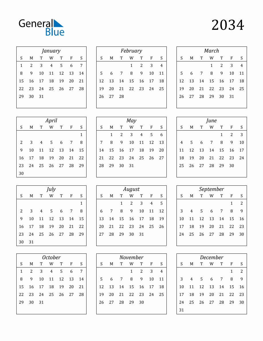 2034 Blank Yearly Calendar Printable