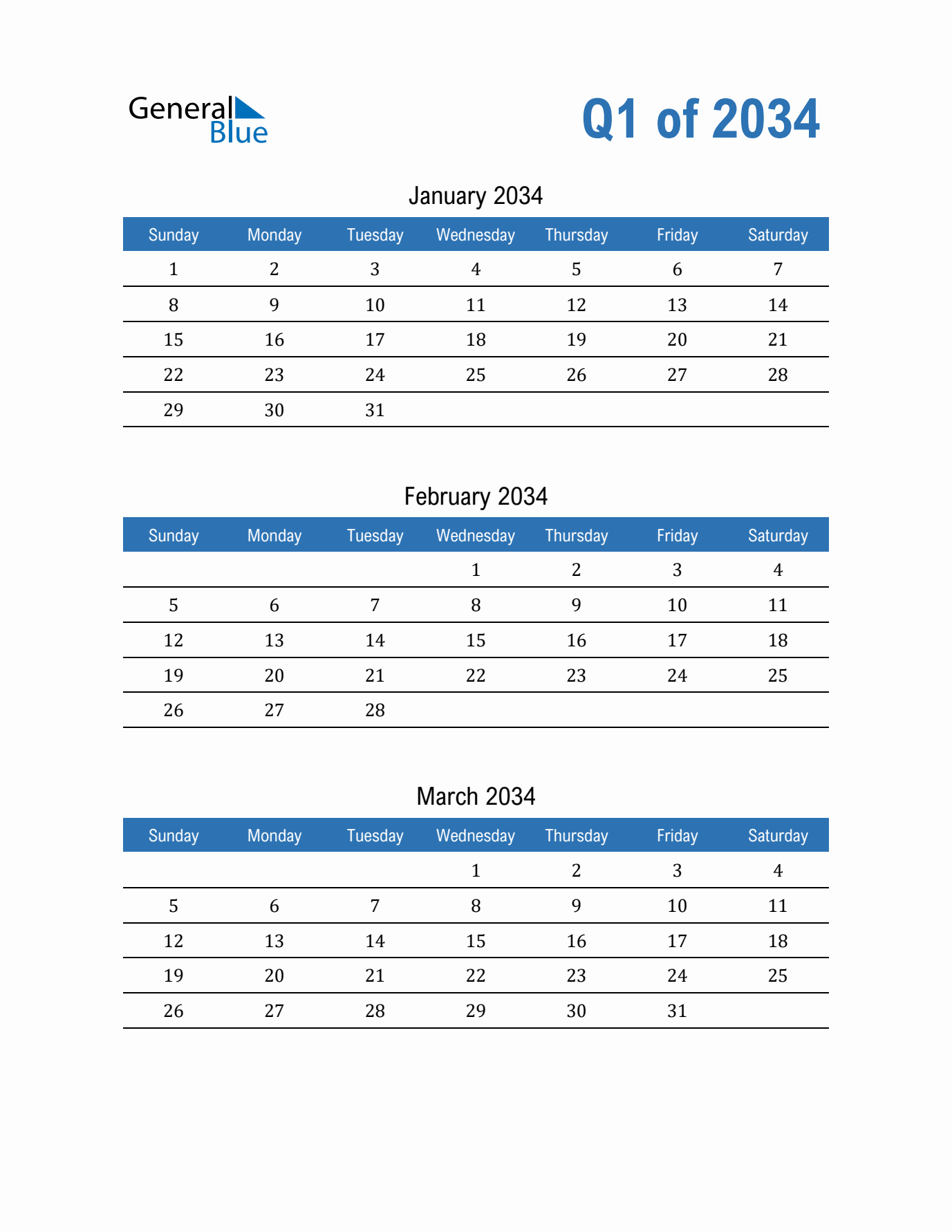 Q1 2034 Quarterly Calendar in PDF, Word, Excel