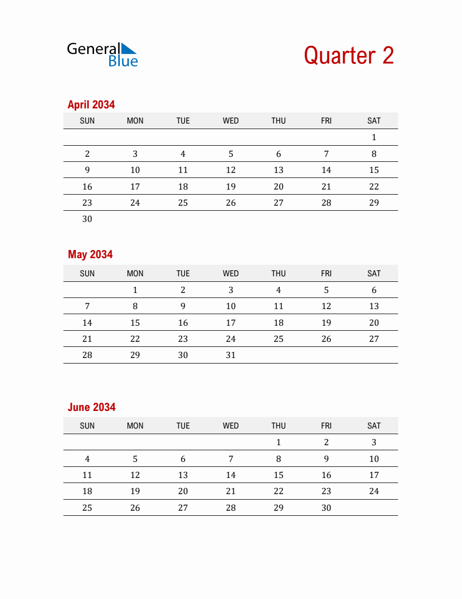 Quarter 2 2034 Calendar Printable (PDF, Word, Excel)