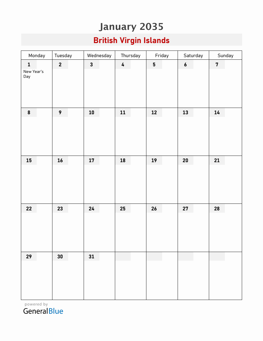 British Virgin Islands January 2035 Calendar with Holidays (Monday Start)