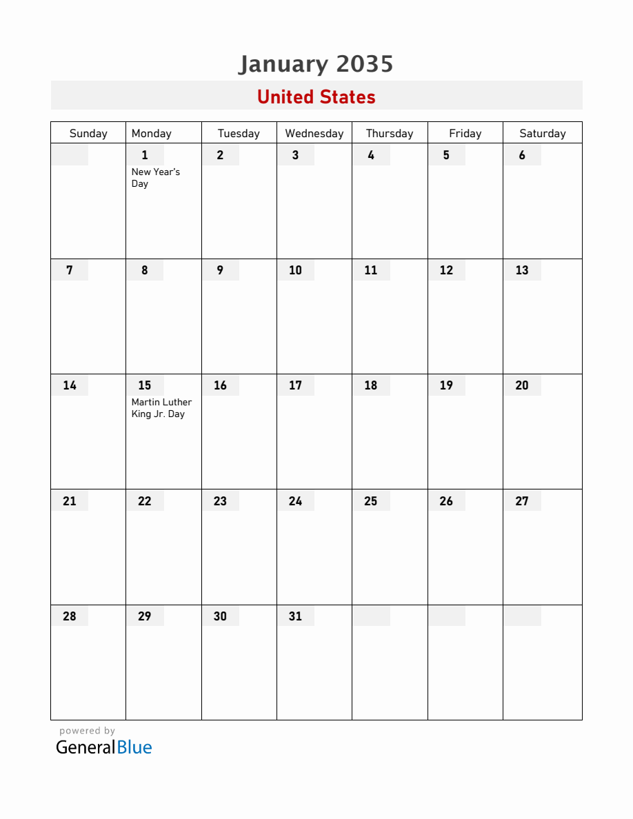 United States January 2035 Calendar with Holidays