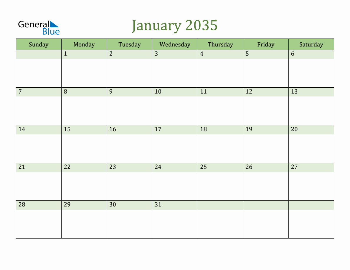 Fillable January 2035 Calendar