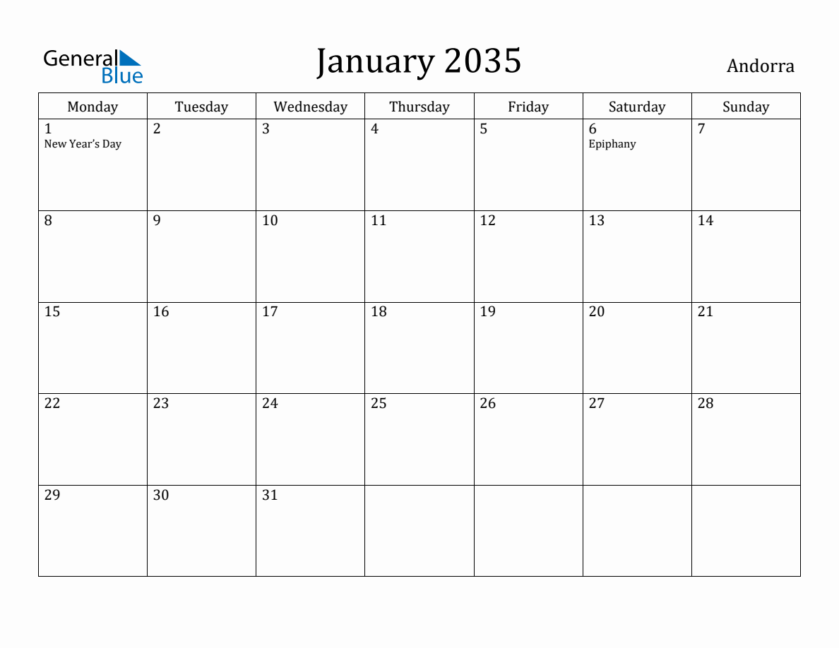 January 2035 Monthly Calendar with Andorra Holidays