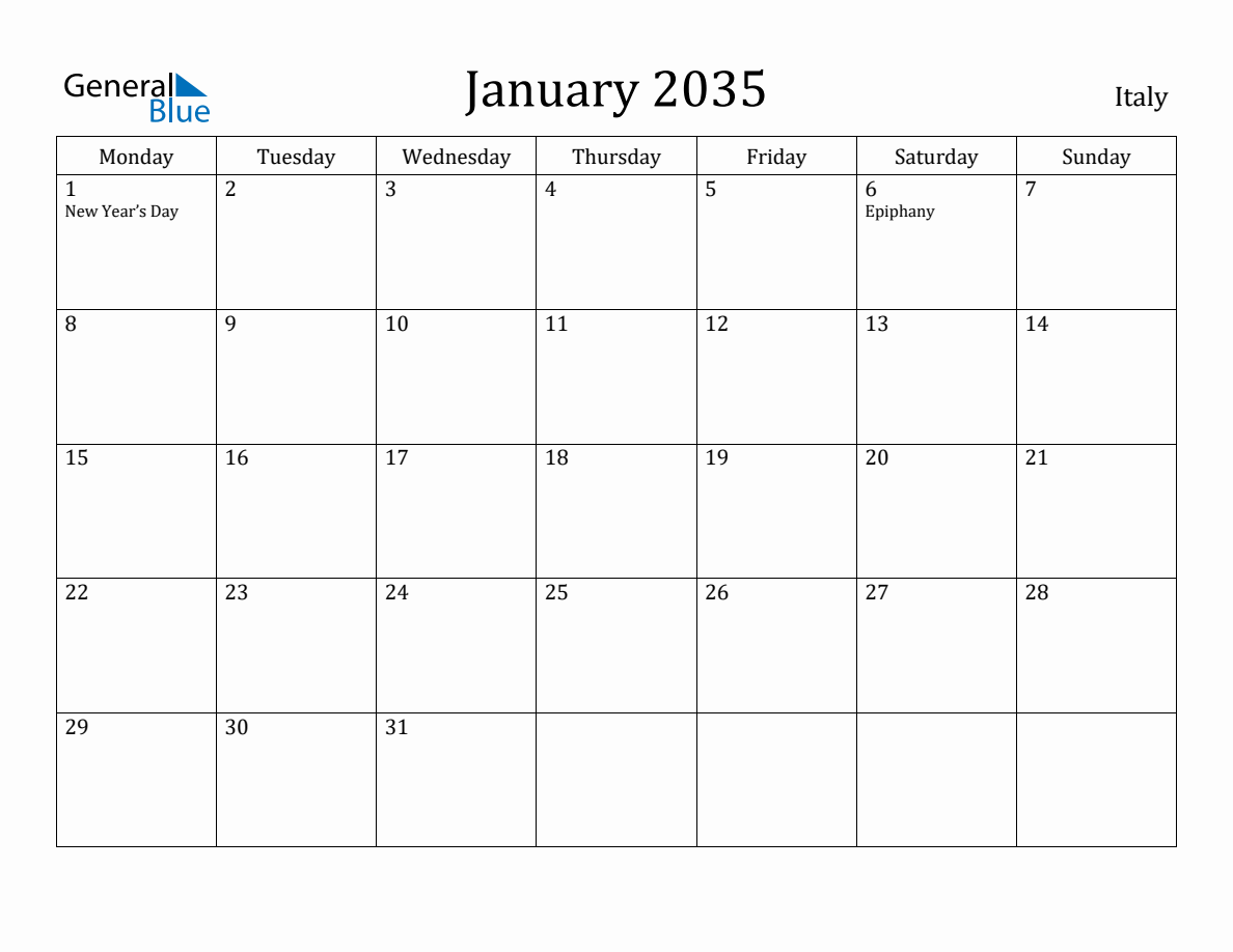 Italy Monthly Calendar - January 2035 (Monday Start)