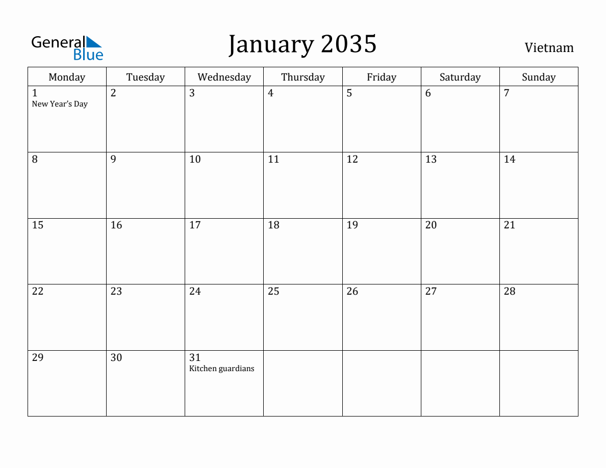 January 2035 Monthly Calendar with Vietnam Holidays