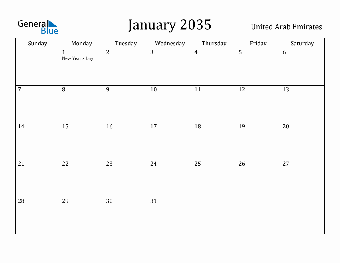 January 2035 Monthly Calendar with United Arab Emirates Holidays